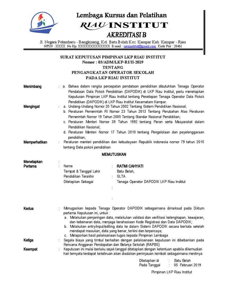 SK Operator Dapodik LKP Riau Institut | PDF