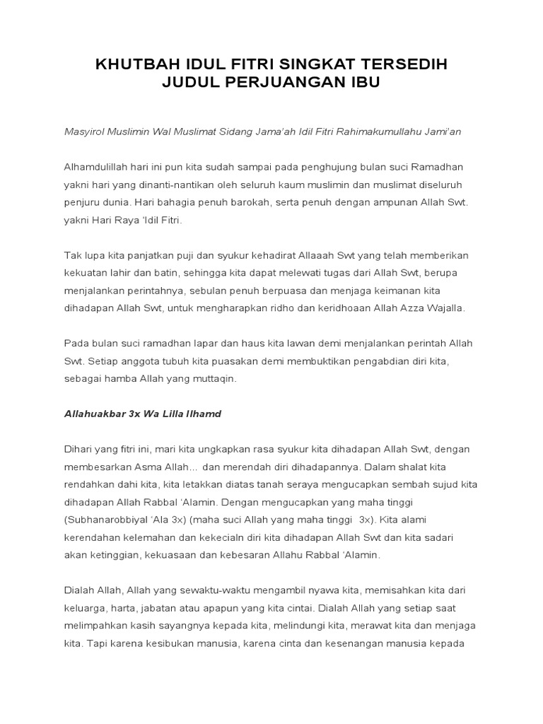 Khutbah Idul Fitri Singkat Tersedih Judul Perjuangan Ibu | PDF