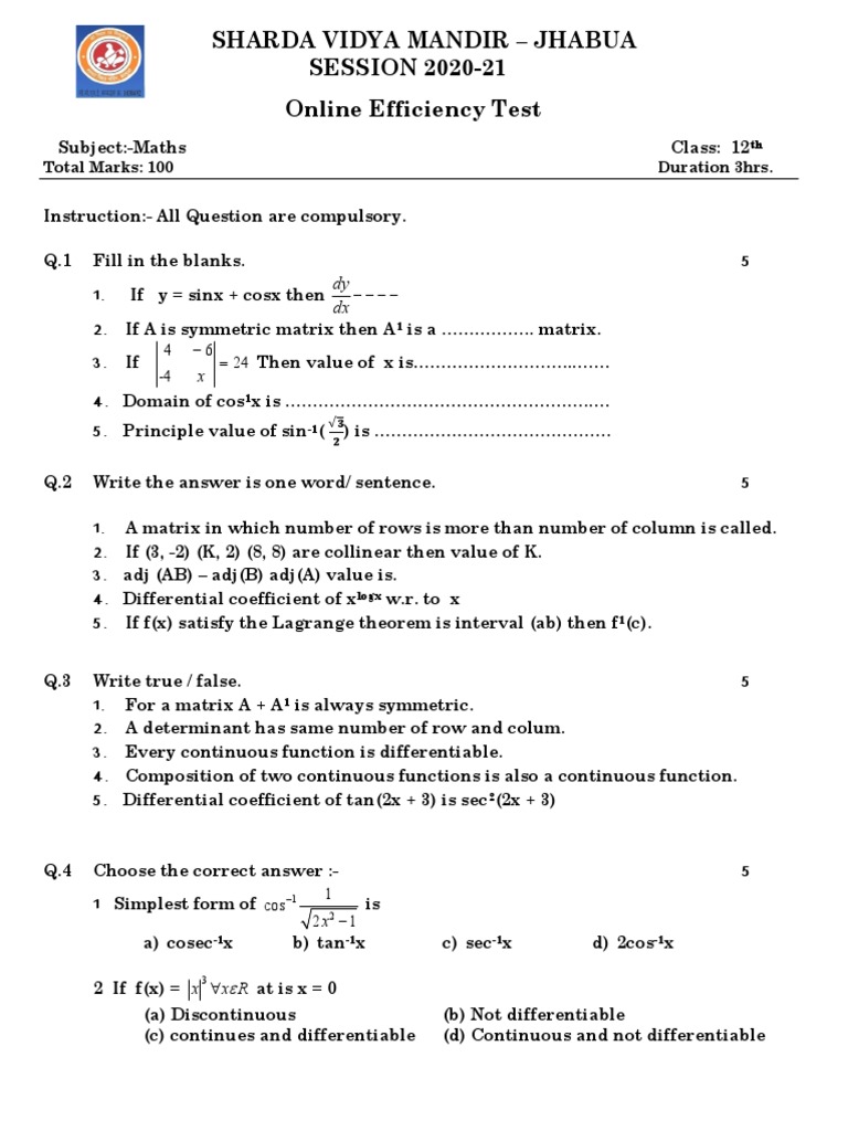 Class 12th Maths Sample Paper | PDF | Determinant | Matrix (Mathematics)