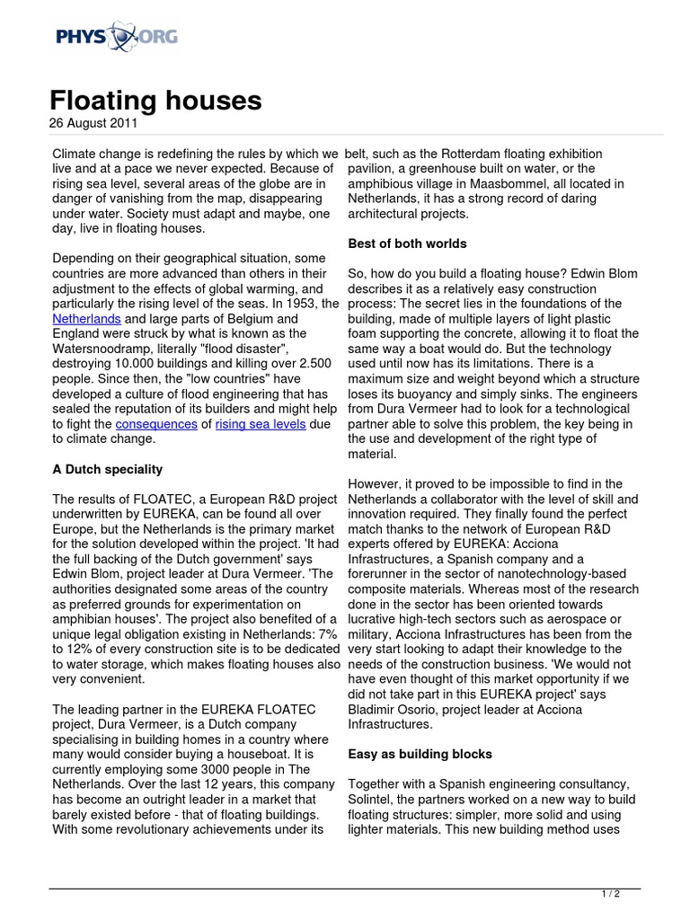 Floating Houses | PDF | Buoyancy | Sea Level Rise