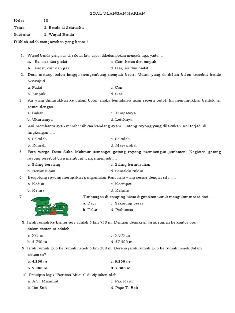 Soal Ulangan Harian Tema 3 Subtema 2 | PDF | Griya & Taman