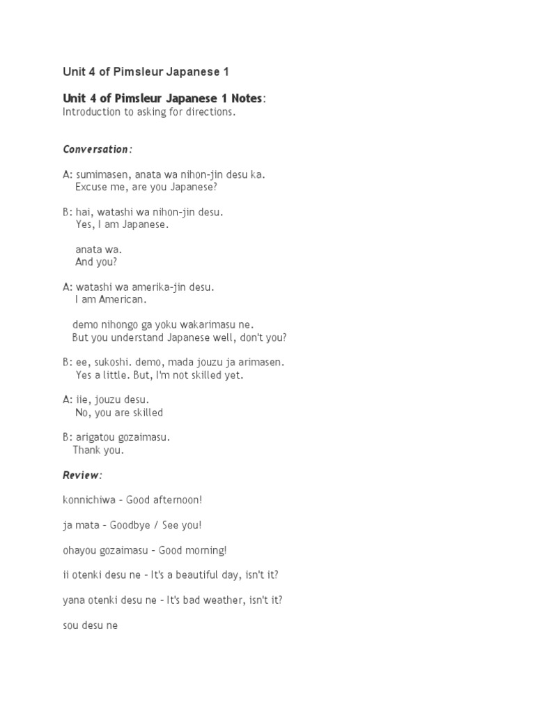 Unit 4 of Pimsleur Japanese 1 | PDF | Japanese Language | East Asia