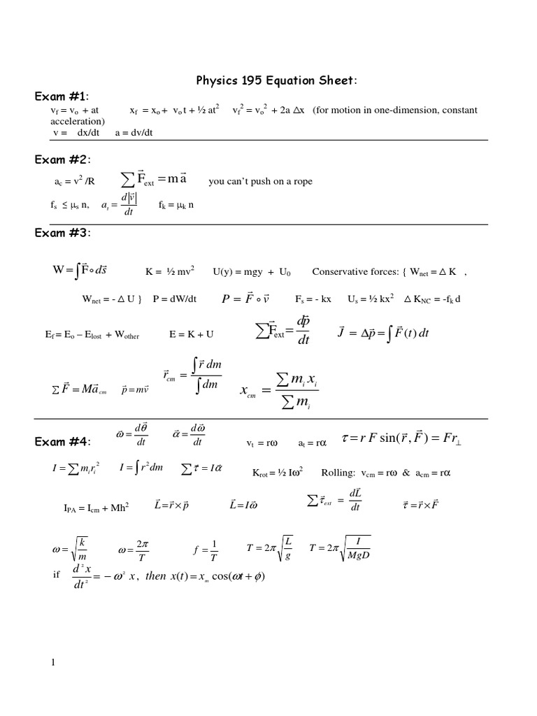 M X M X: Physics 195 Equation Sheet: Exam #1 | PDF | Mechanics ...