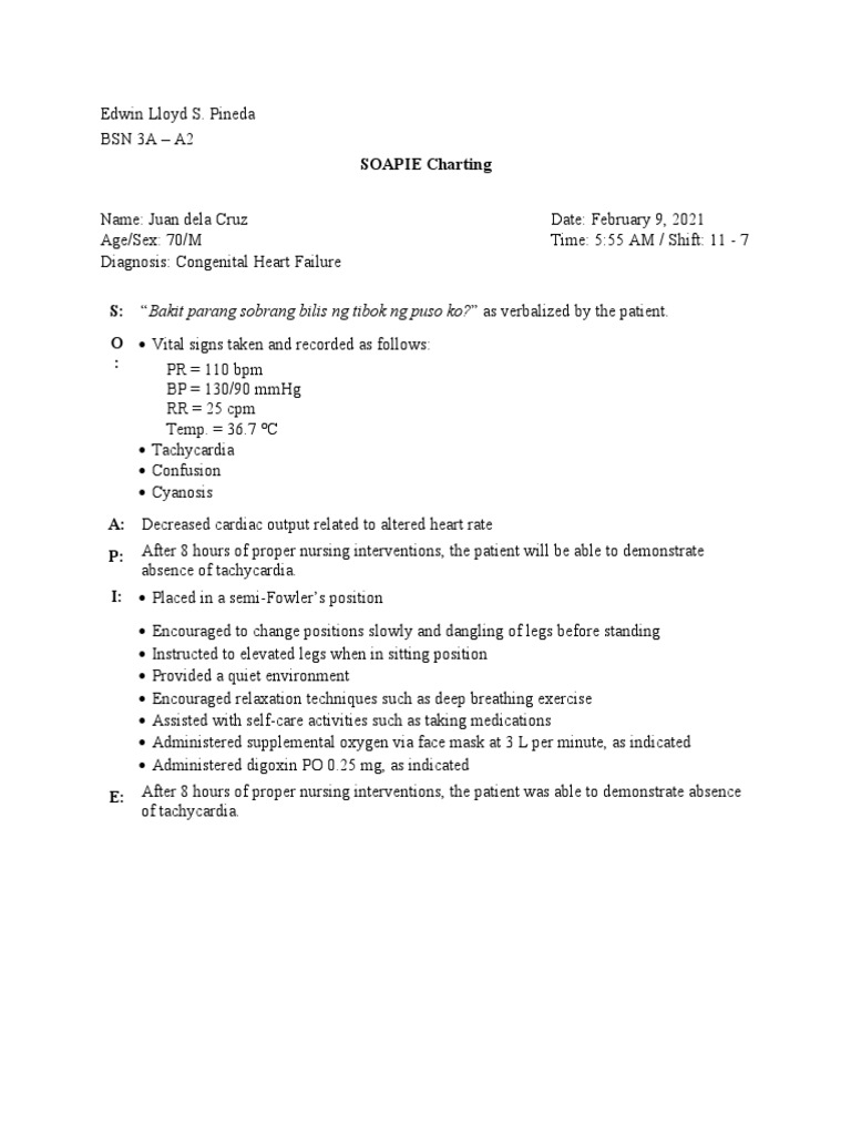 SOAPIE - Decreased Cardiac Output Related To Altered Heart Rate | PDF
