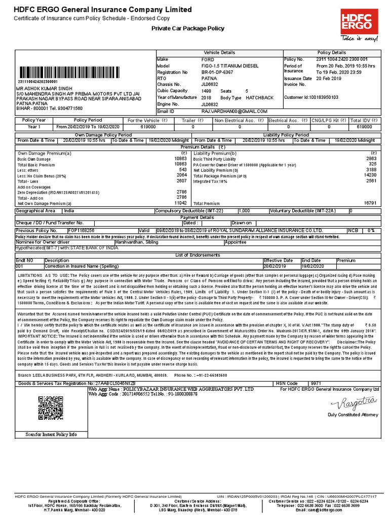 Ford Figo 2019 Insurance Details | PDF | Deductible | Vehicle Insurance