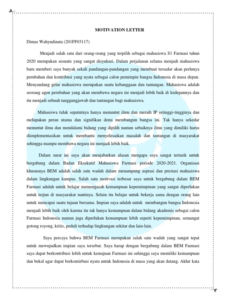 Motivation Letter - Dimas Wahyudinata | PDF
