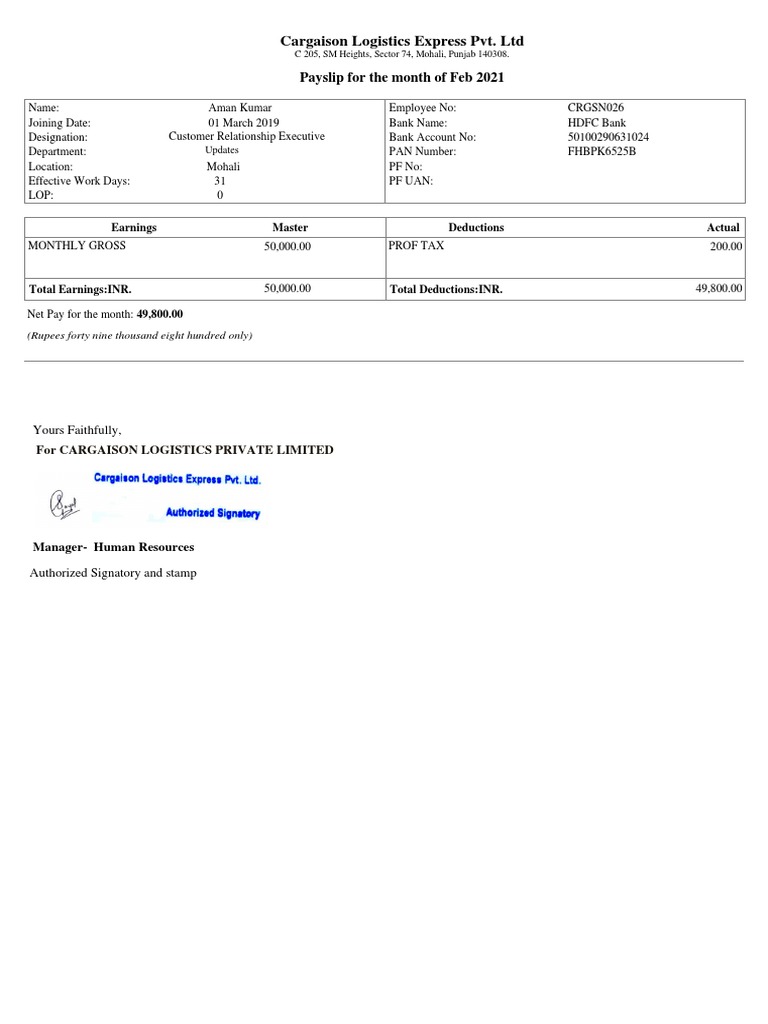 Payslip Jan 2021 Aman | PDF