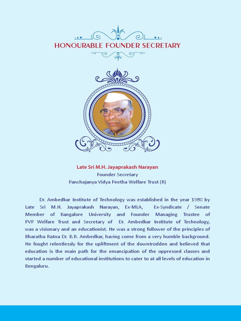 Honourable Founder Secretary: Late Sri M.H. Jayaprakash Narayan | PDF | Doctor Of Philosophy ...