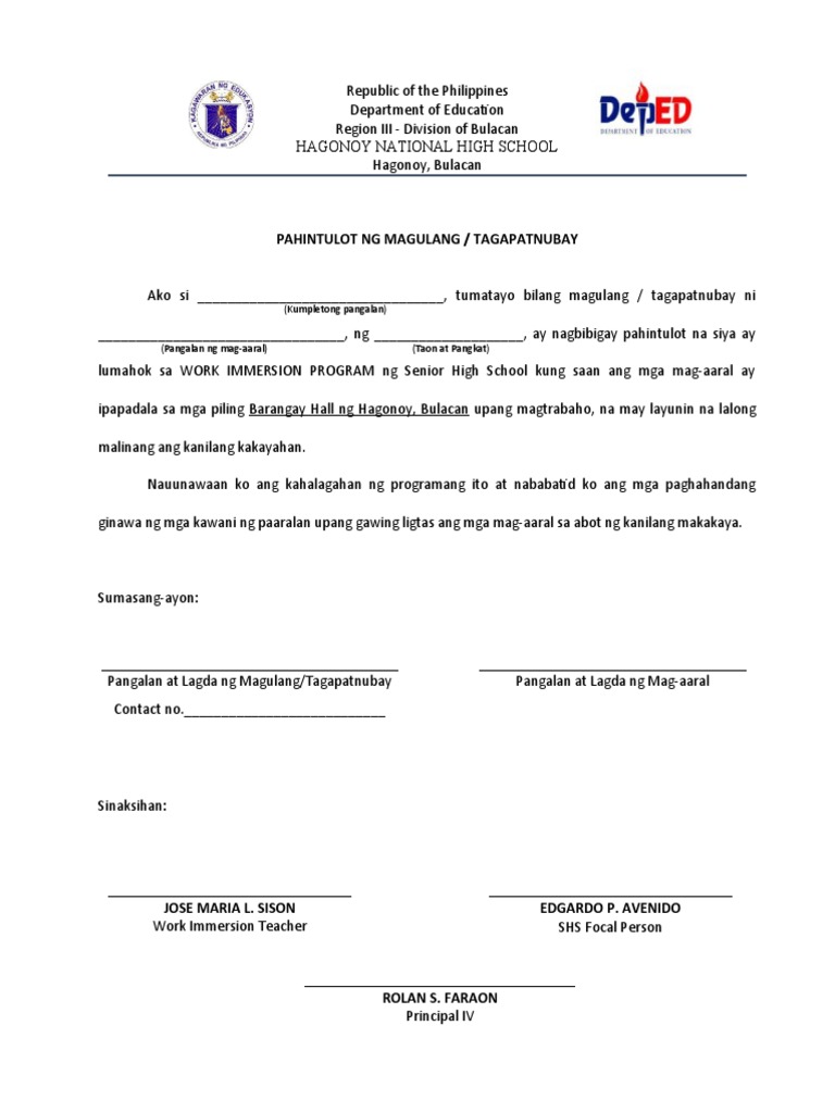 Work Immersion Parent Consent | PDF