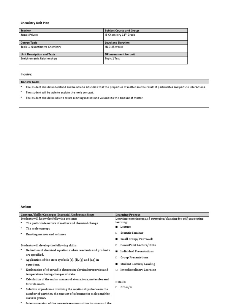 Ib Unit Plan Chemistry | Download Free PDF | Mole (Unit) | Gases