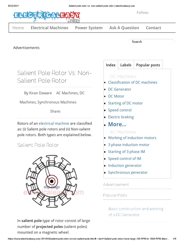 Salient pole rotor vs. non-salient pole rotor | PDF