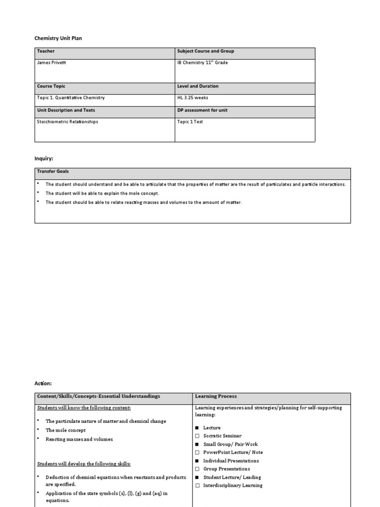 Chemistry Unit Plan: Teacher Subject Course and Group | PDF | Mole ...
