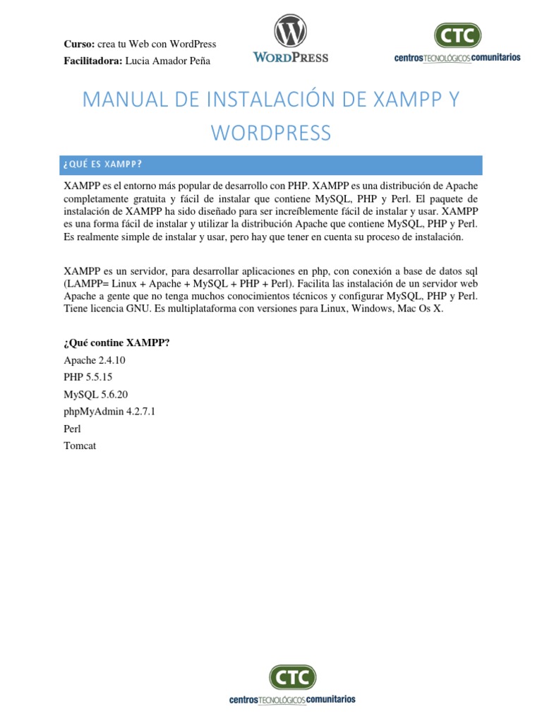 Manual de Instalación de XAMPP y WORDPRESS | PDF | Php | Mi sql Manual de Instalación de XAMPP y WORDPRESS | PDF | Php | Mi sql