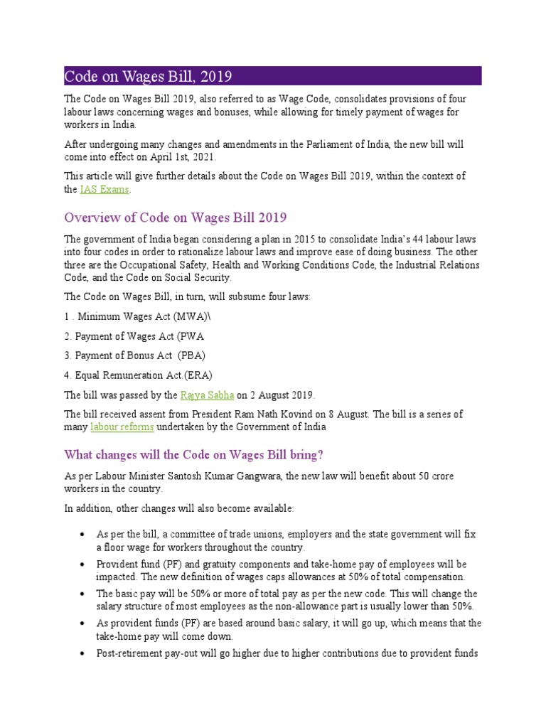 Code On Wages Bill | PDF