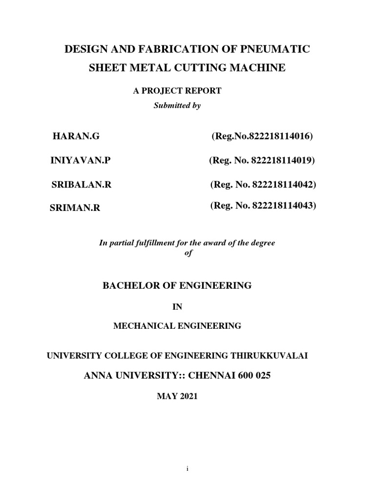 Design and Fabrication of Pneumatic Sheet Metal Cutting Machine | PDF ...