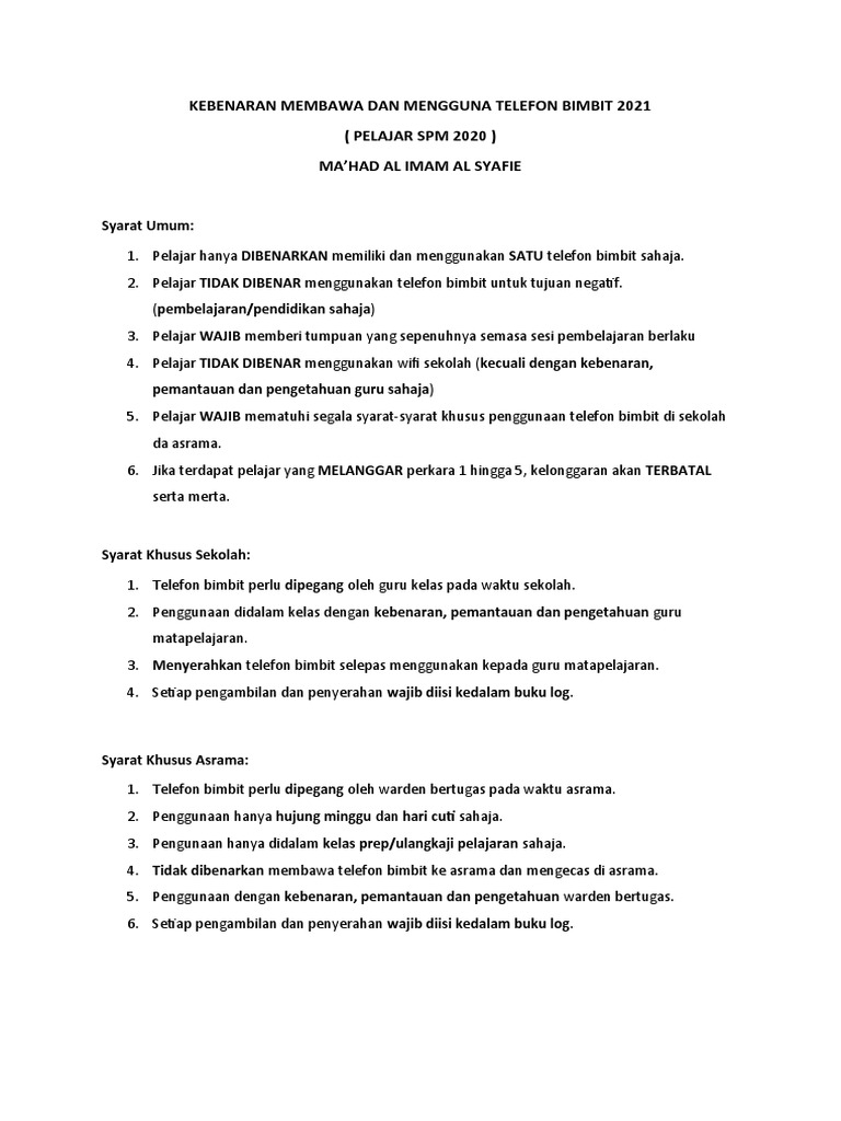 Aturan Penggunaan Telefon Bimbit SPM 2021 | PDF