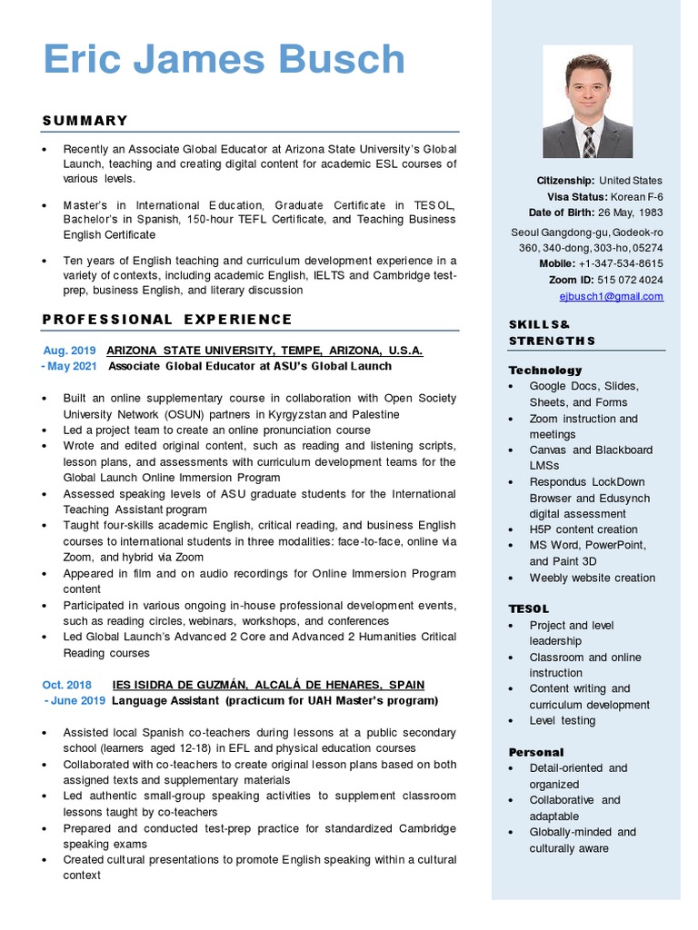 CV Eric Busch 5-2021 | PDF | English As A Second Or Foreign Language ...