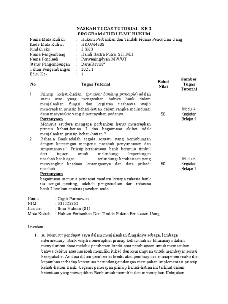 Tugas 2 Hukum Perbankan Dan Tindak Pidana Pencucian Uang | PDF