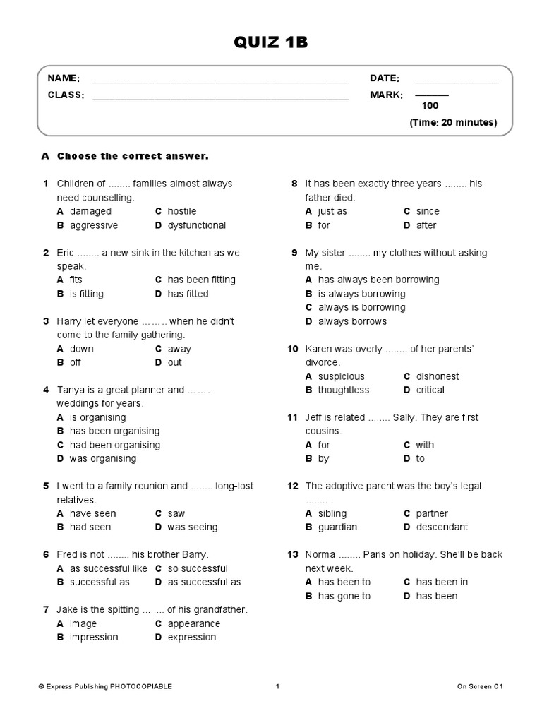 02 OnScreen C1 Quiz 1B | PDF | Family | Society