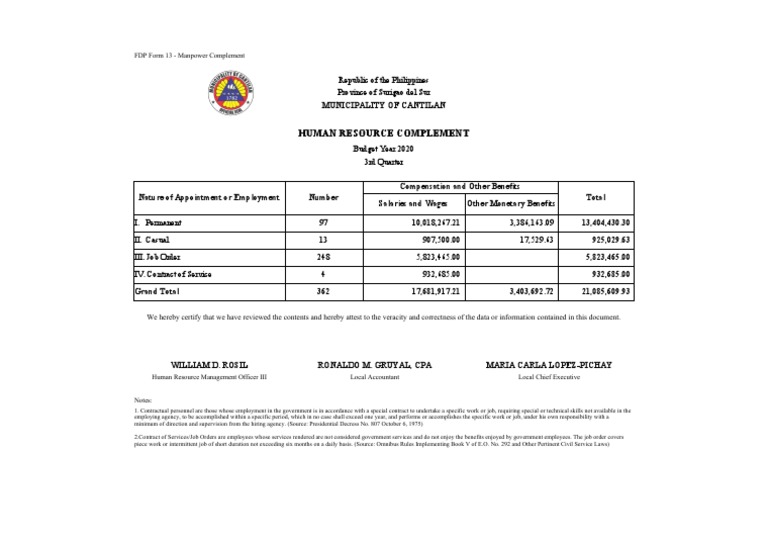 Human Resource Complement: FDP Form 13 - Manpower Complement | PDF ...