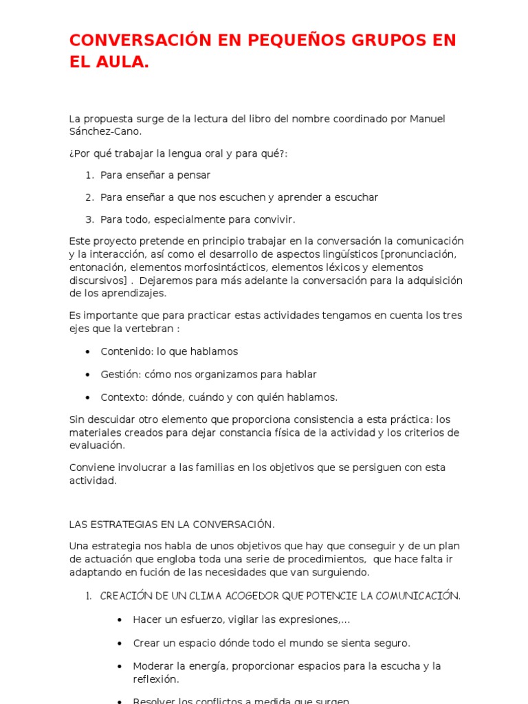 Propuesta de Actividad de Conversación en Pequeños Grupos en El Aula ...