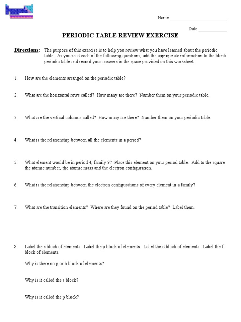 Periodic Table Review Exercise: Directions | PDF | Periodic Table ...