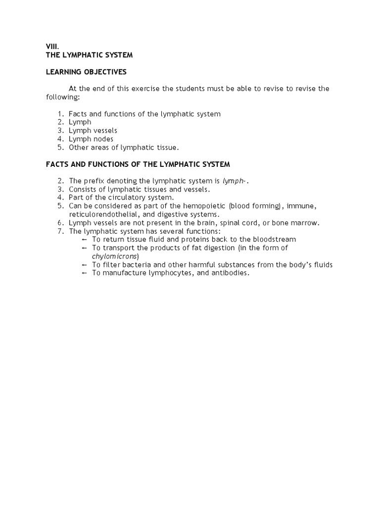 Lab Exercise Viii. The Lymphatic System | PDF | Lymphatic System | Lymph