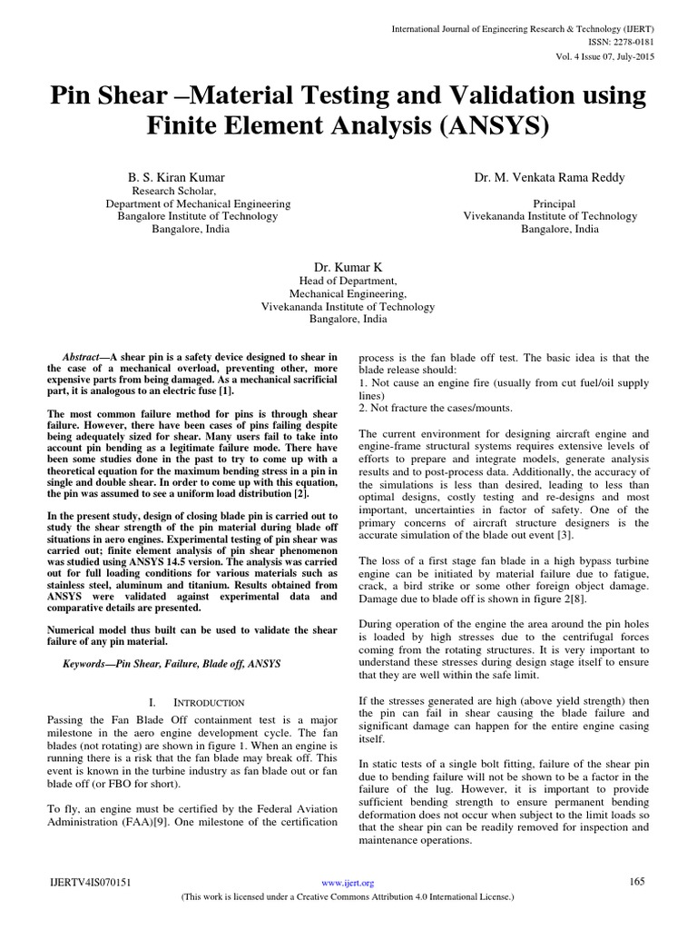 Pin Shear Material Testing And Validation Using Finite Element Analysis Ansys Ijertv4is070151