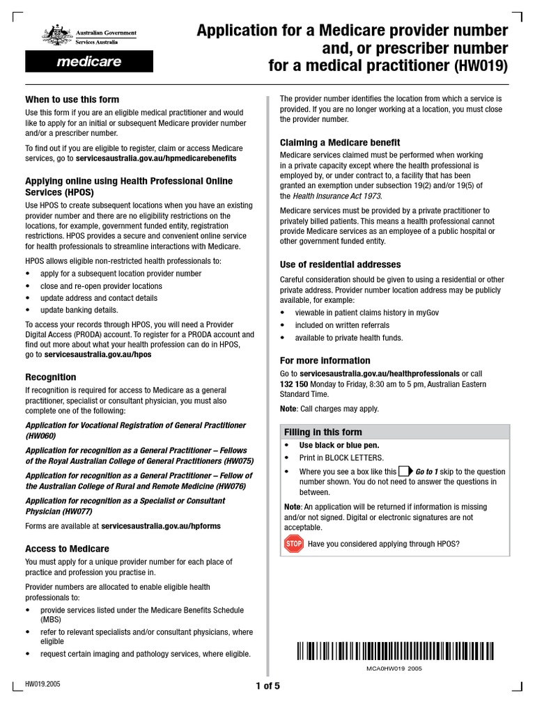 Application For A Medicare Provider Number And, or Prescriber Number ...
