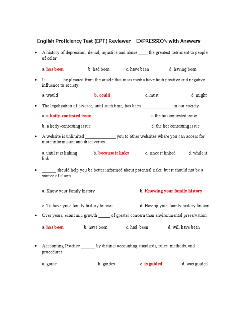 English Proficiency Test (EPT) Reviewer - EXPRESSION With Answers | PDF