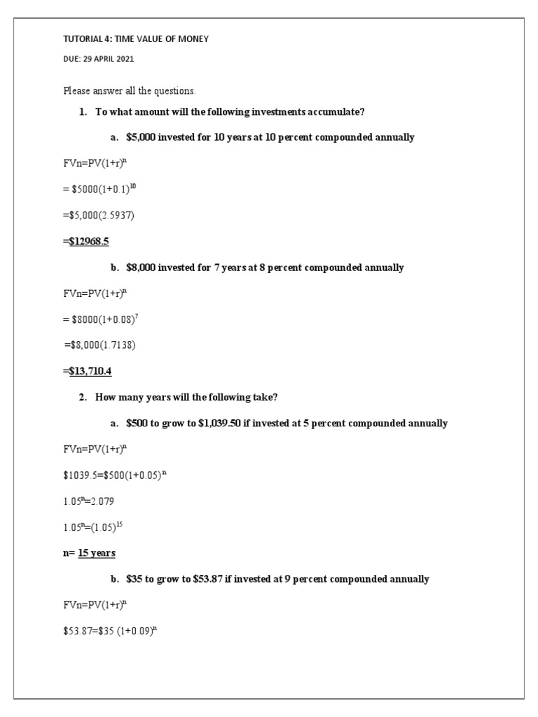 Please Answer All The Questions.: Tutorial 4: Time Value of Money | PDF ...