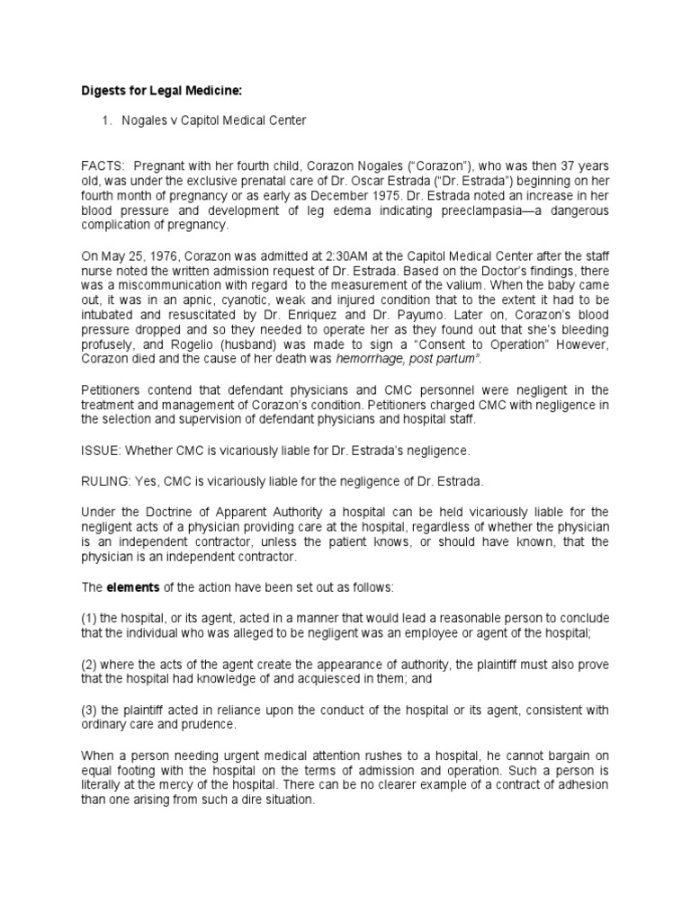 Legal Medicine Digests 1 | PDF | Negligence | Hospital