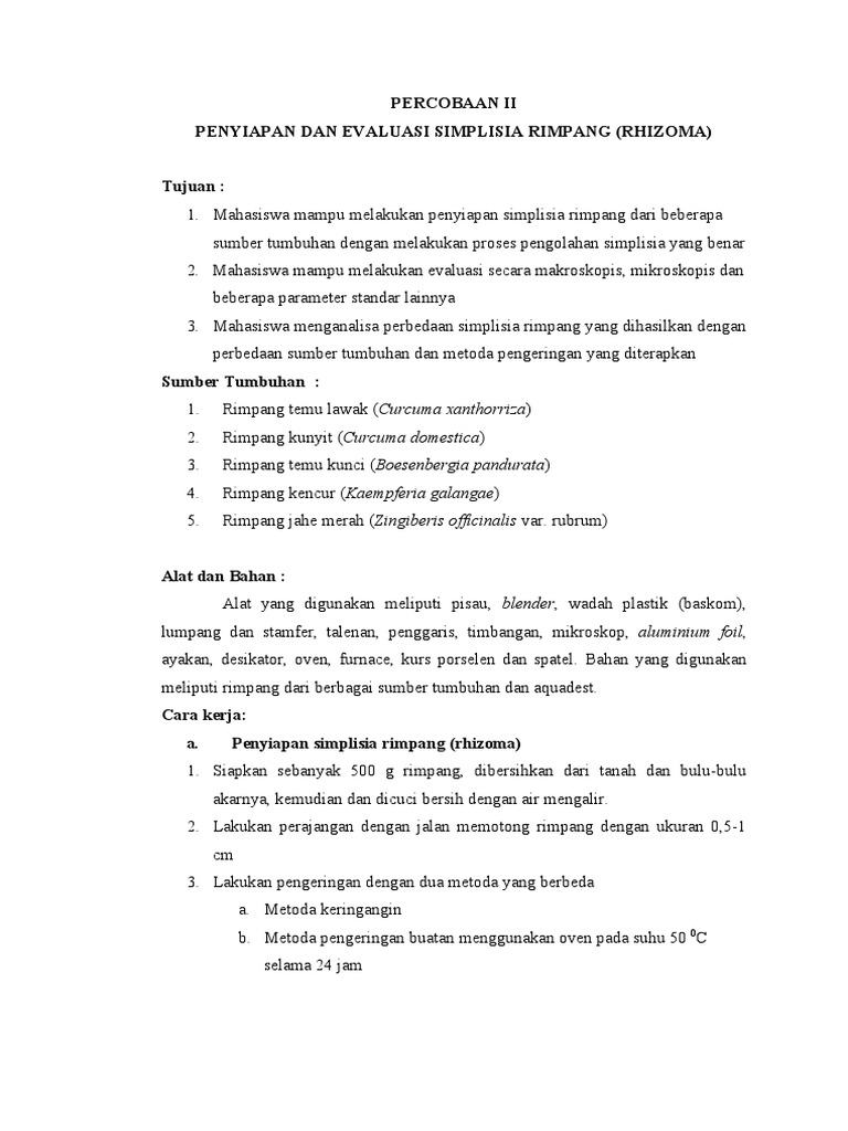 Panduan Praktikum - Simplisia Rimpang | PDF
