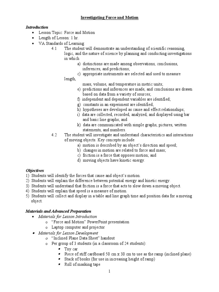 Force and Motion Lesson Plan