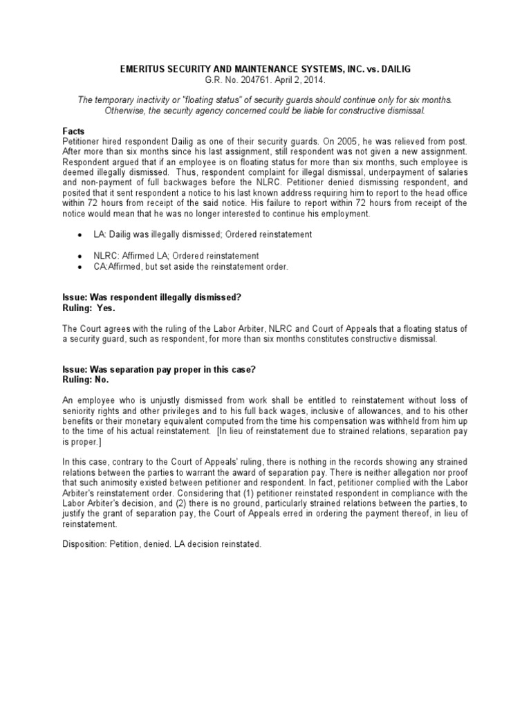 Emeritus Security and Maintenance Systems vs. Dailig | PDF | Employment ...