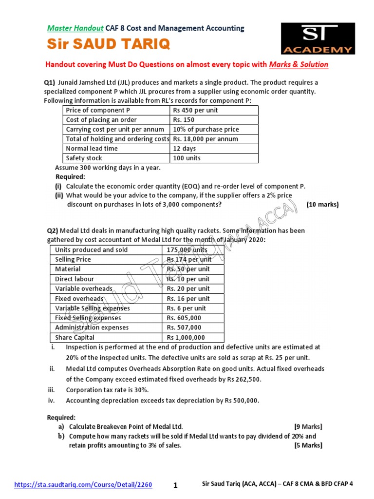 GIFT - CAF 8 Master Questions With Solutions & Marks - Caf 8 Sir Saud Tariq ST Academy | PDF ...