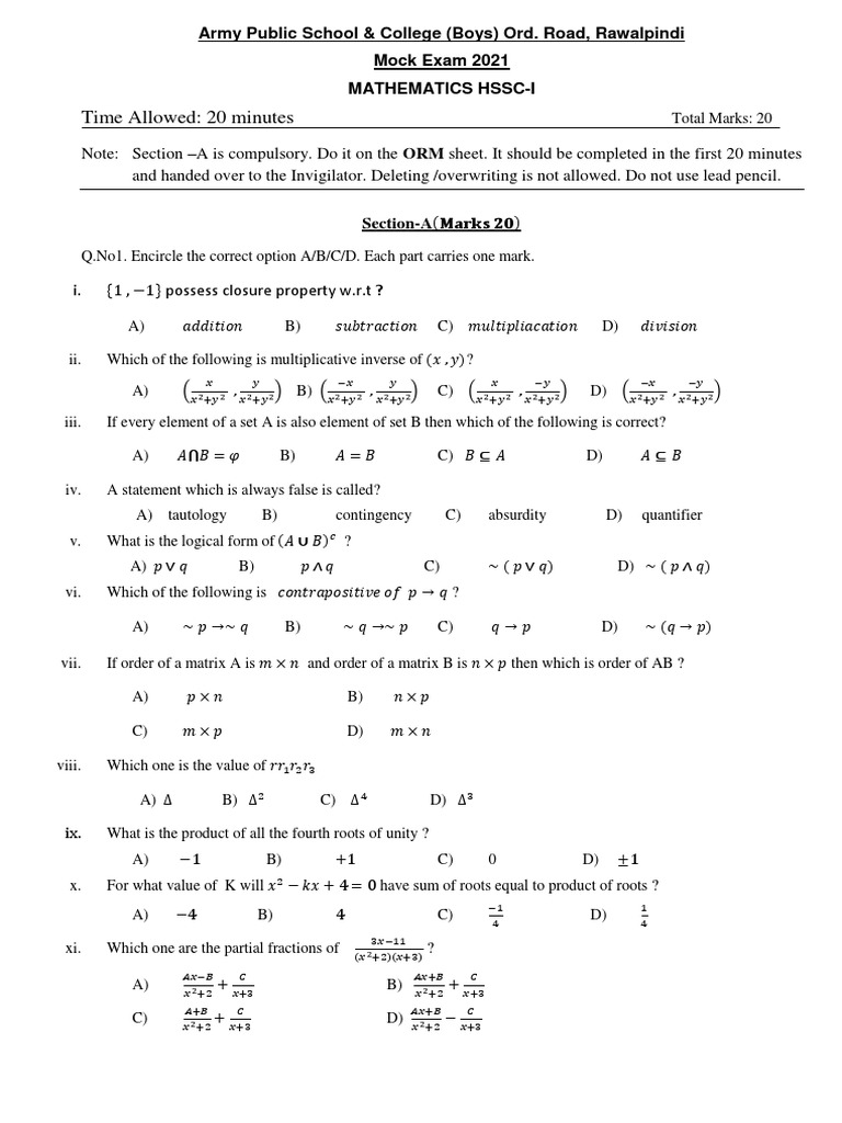 Maths XI Mock Paper 2021 | PDF | Trigonometric Functions | Functions ...