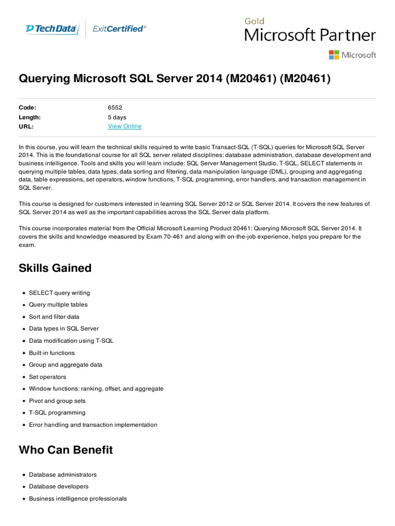 Querying Microsoft Sql Server 2014 M20461 M20461 View Online