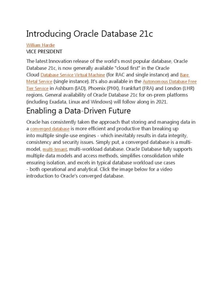 Introducing Oracle Database 21c | PDF | Java Script | Databases Introducing Oracle Database 21c | PDF | Java Script | Databases