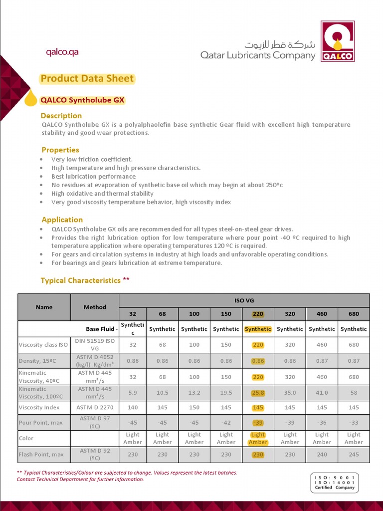 QALCO Syntholube GX 220 | PDF | Viscosity | Continuum Mechanics
