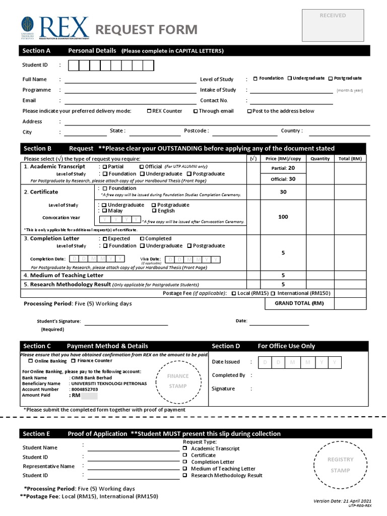REX Request Form E-Form 2021 | PDF | Postgraduate Education | Thesis
