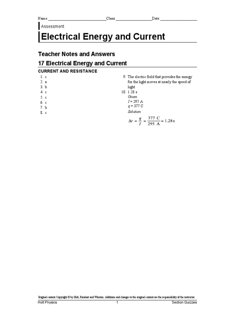Teacher Notes and Answers 17 Electrical Energy and Current | PDF ...