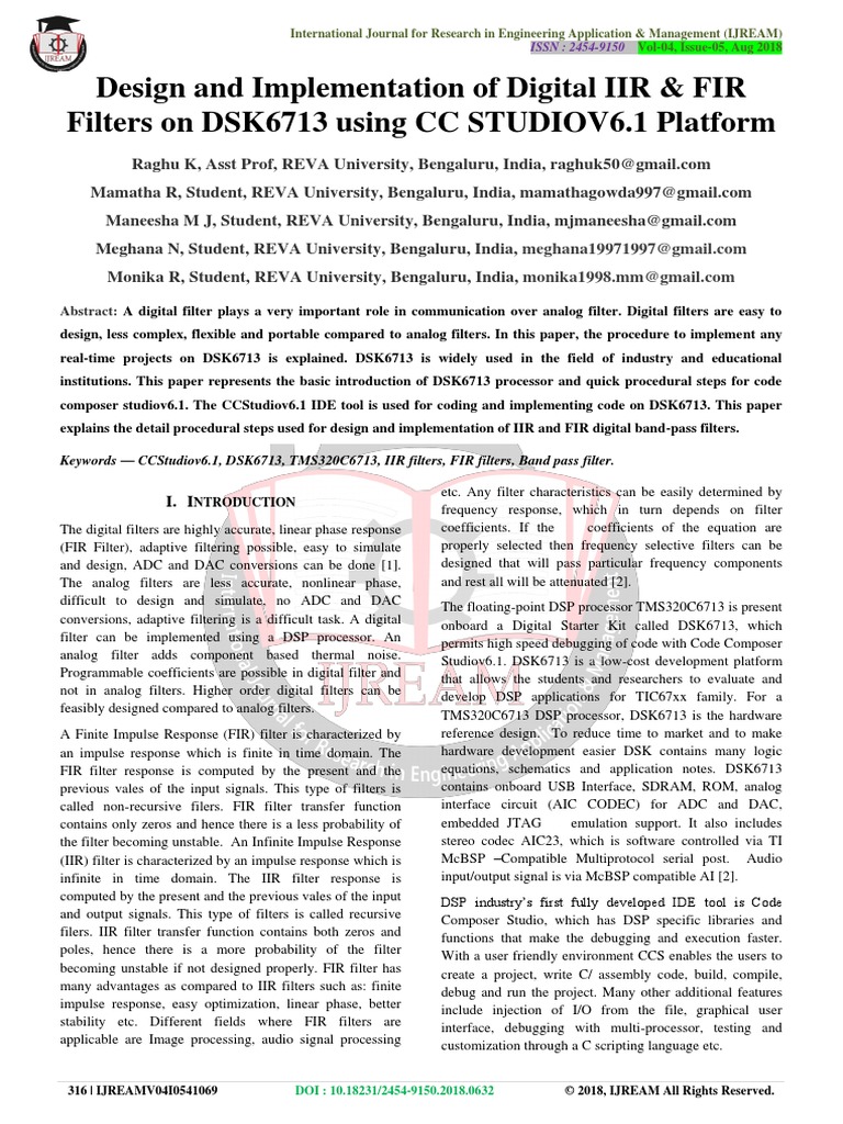 Design and Implementation of Digital IIR & FIR Filters On DSK6713 Using CC STUDIOV6.1 Platform ...