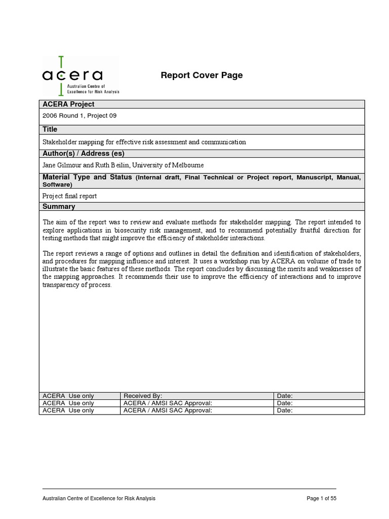Report Cover Page: ACERA Project | PDF | Risk Management | Stakeholder ...