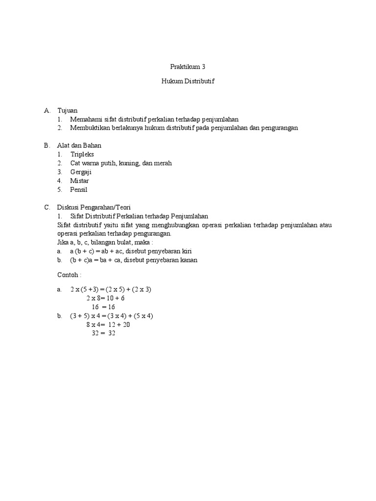Praktikum 3 Hukum Distributif | PDF | Metode & Bahan Ajar | Griya & Taman