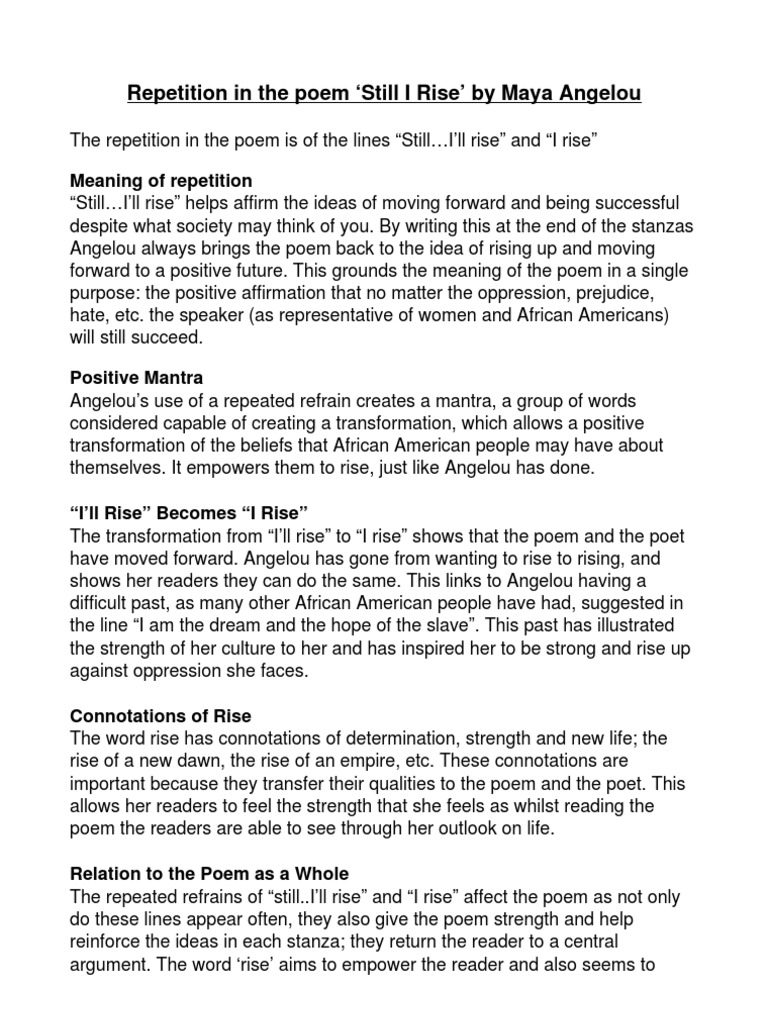 Repetition in The Poem Still I Rise' by Maya Angelou | PDF | Poetry