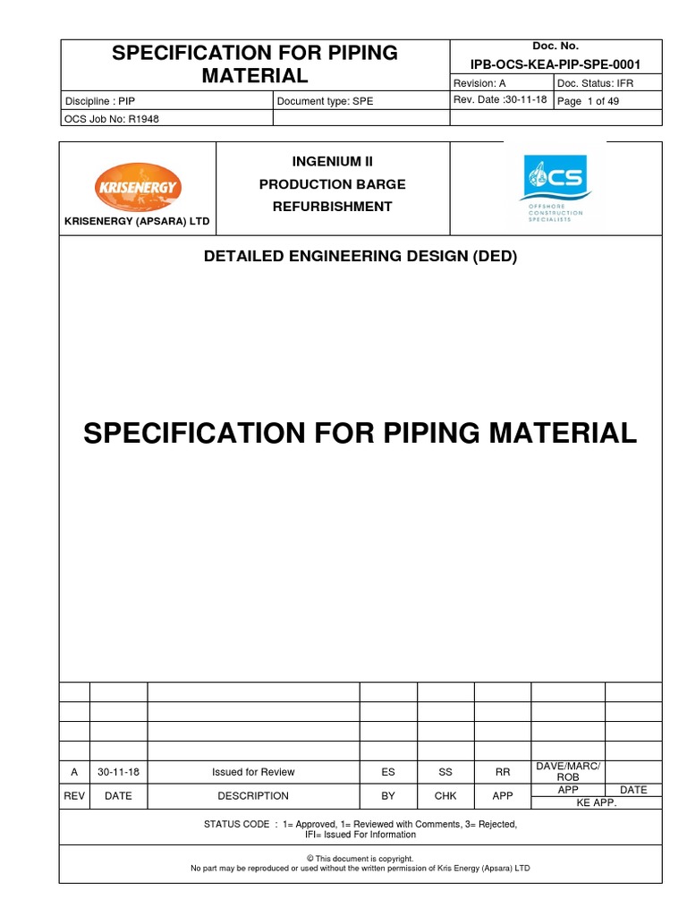 Specification For Piping Material | PDF | Pipe (Fluid Conveyance) | Valve