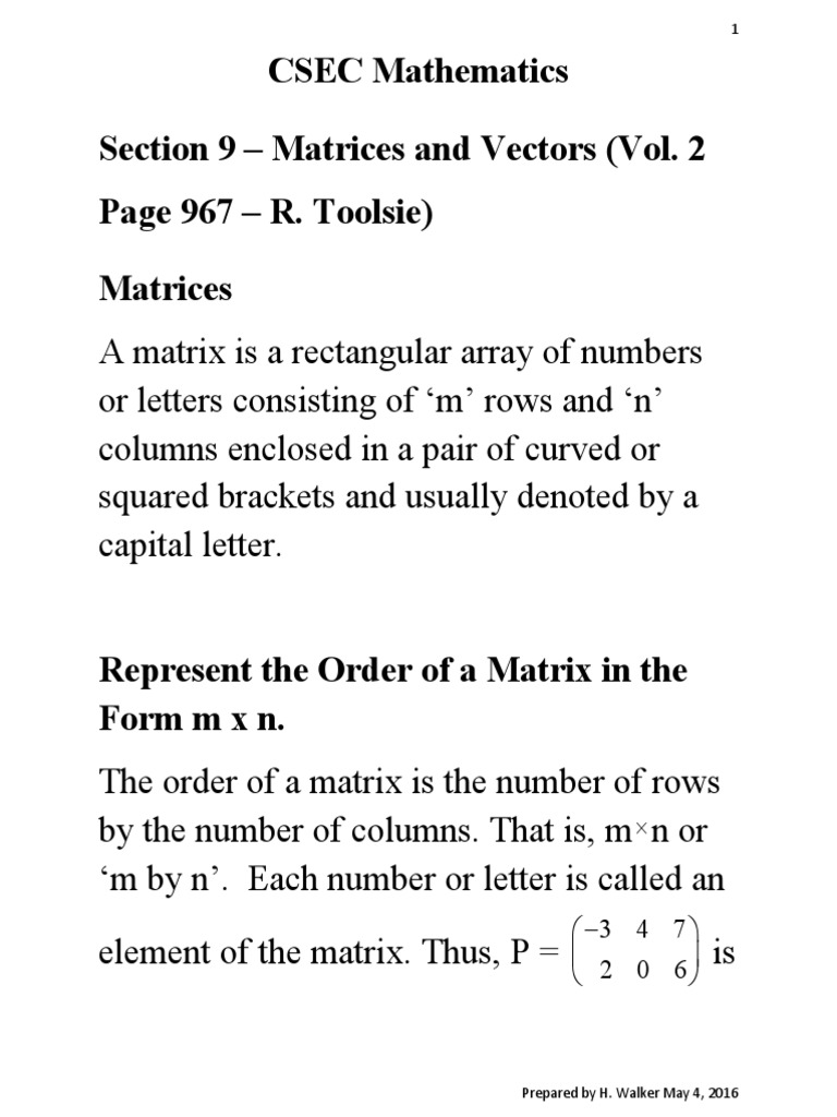 CSEC Mathematics: Matrices & Vectors Guide | PDF | Matrix (Mathematics ...