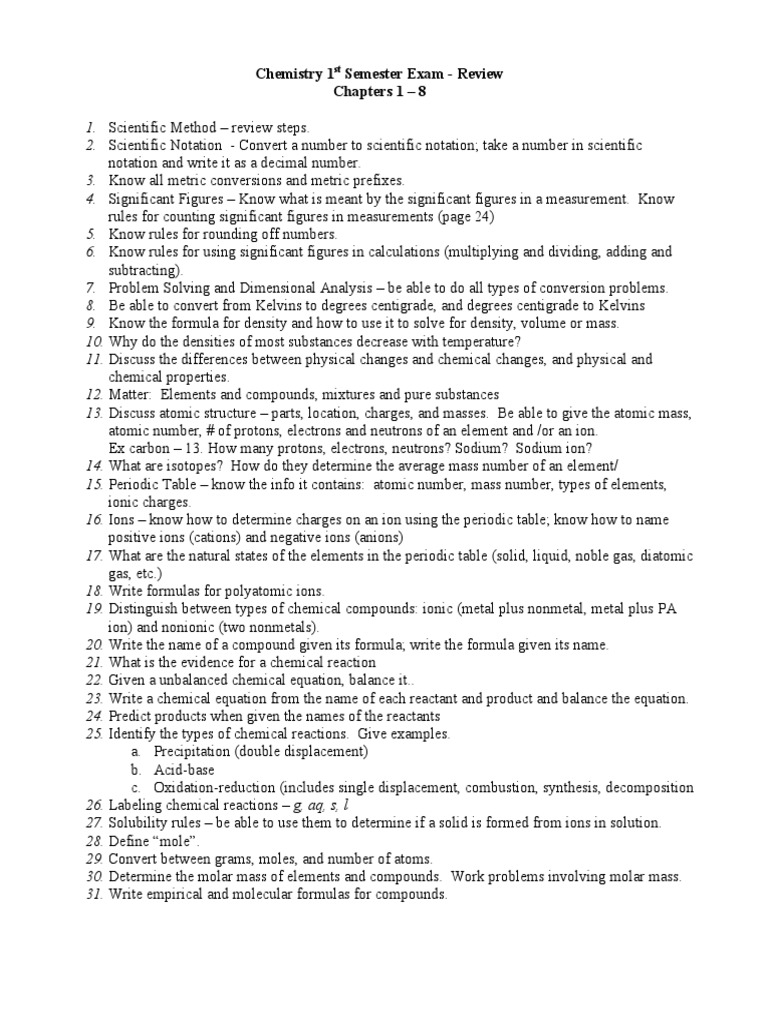 Chemistry 1 Semester Exam - Review Chapters 1 - 8 | PDF | Ion ...
