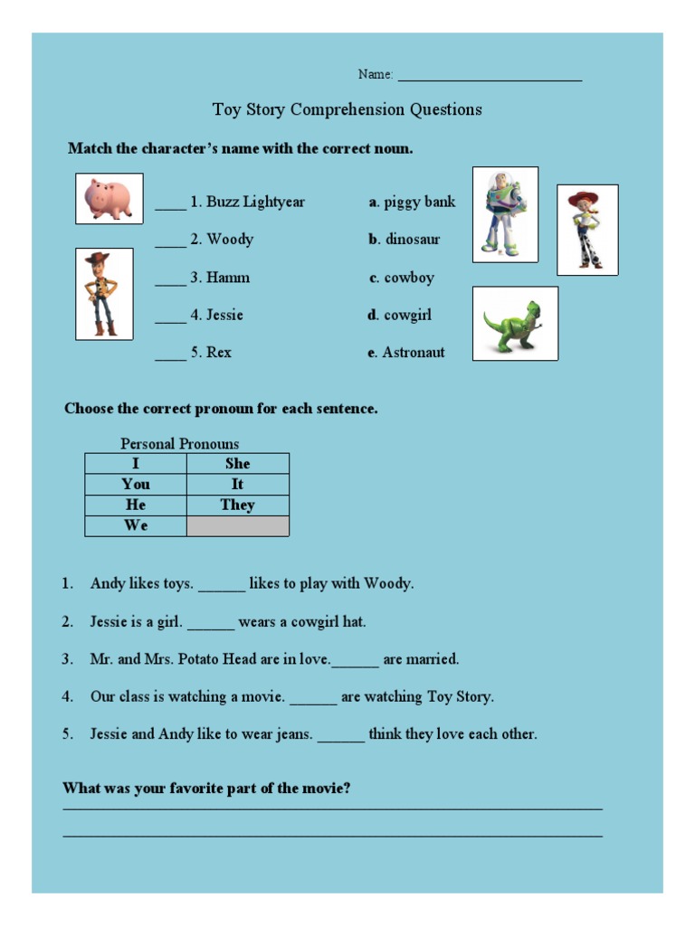 Toy Story Comprehension Questions: Match The Character's Name With The ...